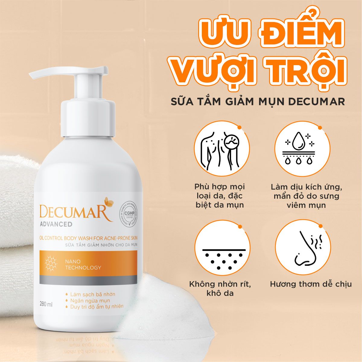 Sữa tắm giảm mụn Decumar 280ml, chứa Nano THC và chiết xuất rau má làm ...