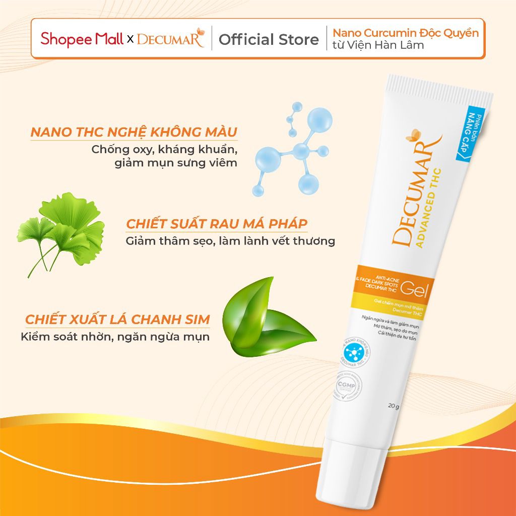 Gel ngừa mụn Decumar NANO THC (Nghệ không màu) 20g , kháng khuẩn, chống ...
