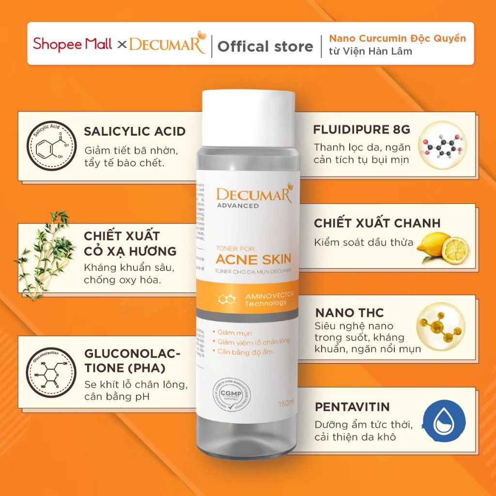 Toner cho da mụn Decumar Nano THC Công nghệ Aminovestor thẩm thấu nhanh ...
